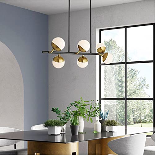 KCO Lighting Mid Century Modern Chandelier Black Gold Globe Pendant Light Fixture 6-Light Industrial Milk Glass Chandelier for Kitchen Island Dining Room