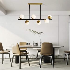 KCO Lighting Mid Century Modern Chandelier Black Gold Globe Pendant Light Fixture 6-Light Industrial Milk Glass Chandelier for Kitchen Island Dining Room