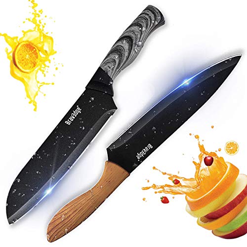 Bravedge Kitchen Knife Chef Knife Santoku Knife Versatile Cooking Knife with 7" & 8" Sharp Stainless Steel Metallic Paint Double Bevel Blade Ergonomic Handle PP Sheath Elegant Gift Box