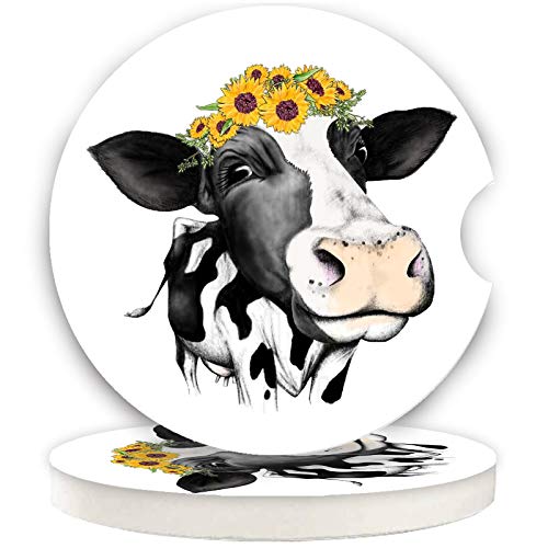 Car Coasters for Women Mother's Day 2 Pack Easter Decorations, Cute Farm Cow Animal 2.56" Absorbent Ceramic Coaster Car Accessories, Keep Cup Holders Clean and Dry, Easy Removal(Cute Cow & Sunflower)