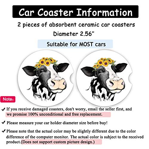 Car Coasters for Women Mother's Day 2 Pack Easter Decorations, Cute Farm Cow Animal 2.56" Absorbent Ceramic Coaster Car Accessories, Keep Cup Holders Clean and Dry, Easy Removal(Cute Cow & Sunflower)