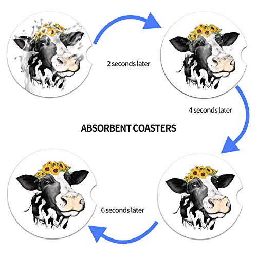 Car Coasters for Women Mother's Day 2 Pack Easter Decorations, Cute Farm Cow Animal 2.56" Absorbent Ceramic Coaster Car Accessories, Keep Cup Holders Clean and Dry, Easy Removal(Cute Cow & Sunflower)