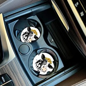 Car Coasters for Women Mother's Day 2 Pack Easter Decorations, Cute Farm Cow Animal 2.56" Absorbent Ceramic Coaster Car Accessories, Keep Cup Holders Clean and Dry, Easy Removal(Cute Cow & Sunflower)