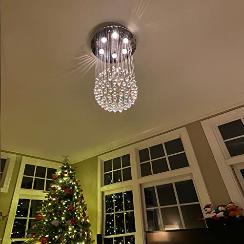 Modern 6-Lights Crystal Raindrop Chandelier, Rain Ball Ceiling Light Fixture Flush Mount Ceiling Light Pendant Lamp for Dining Room, Living Room, Foyer, Entryway of CRYSTOP