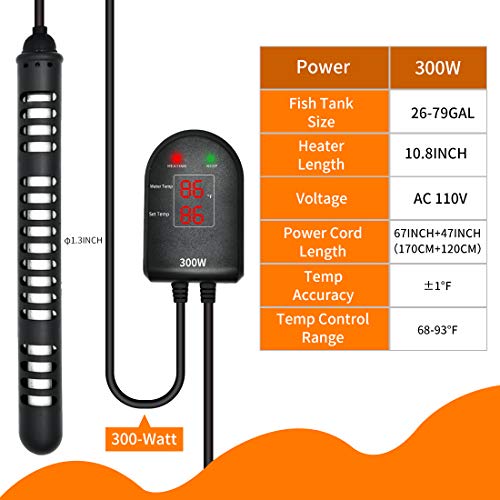 U-picks Submersible Aquarium Heater 300W/100W/500W Fish Tank Heater with Intelligent External LED Digital Temperature Controller and Dual Temp Displays for Turtle Betta Fish Tank 5-130 Gallon