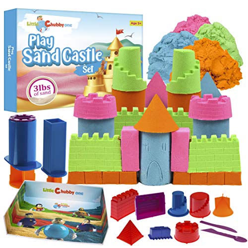 LITTLE CHUBBY ONE Kids Play Sand Castle Set - 3 Lbs Sand - Toy Magic Sand Set - 10 Molds - Mess Free Play for Girls and Boys - Ideas for Children Activities Age 3 4 5 6 7 8 9 10