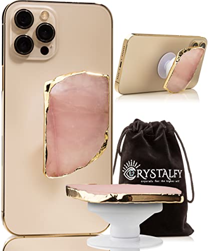 CRYSTALFY Rose Quartz Crystal Phone Grip & Phone Stand: Authentic Natural Gemstone Swappable Top, Expandable Collapsible Holder for Smartphones and Tablets (Rose Quartz Irregular Gold Edge)