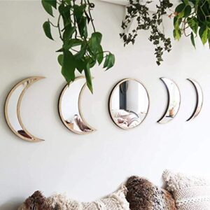 5 pieces scandinavian natural decor acrylic wall decorative mirror interior design wooden moon phase mirror bohemian wall decoration for home living room bedroom decor - no need to punch (beige)