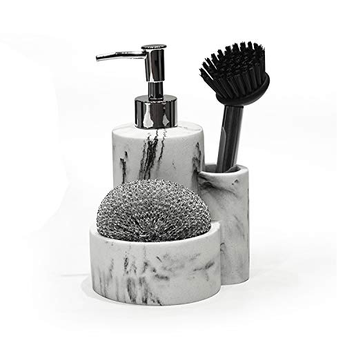 Heylian Marble Soap Dispenser with Sponge Holder and Brush Holder for Kitchen Sink Bathroom Countertop