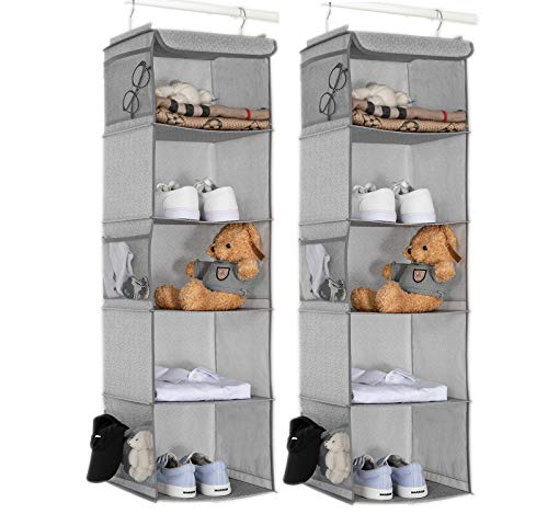 BrilliantJo 5 Shelves Hanging Closet Organizer, 2 Pack Hanging Storage with 6 Side Pockets for Clothes Bags, 43"x12"x12"(Light Gray)