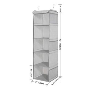 BrilliantJo 5 Shelves Hanging Closet Organizer, 2 Pack Hanging Storage with 6 Side Pockets for Clothes Bags, 43"x12"x12"(Light Gray)