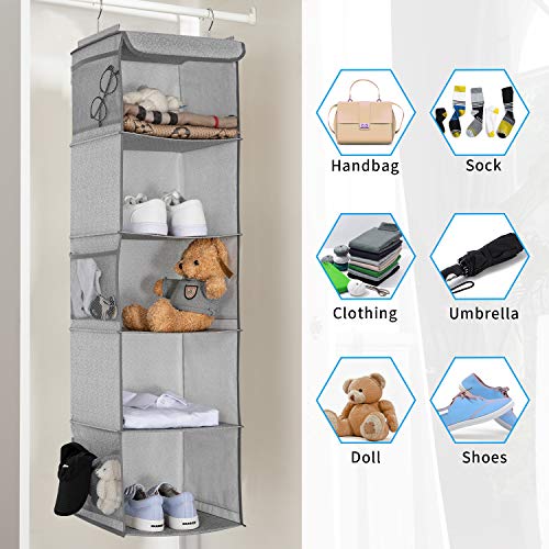 BrilliantJo 5 Shelves Hanging Closet Organizer, 2 Pack Hanging Storage with 6 Side Pockets for Clothes Bags, 43"x12"x12"(Light Gray)