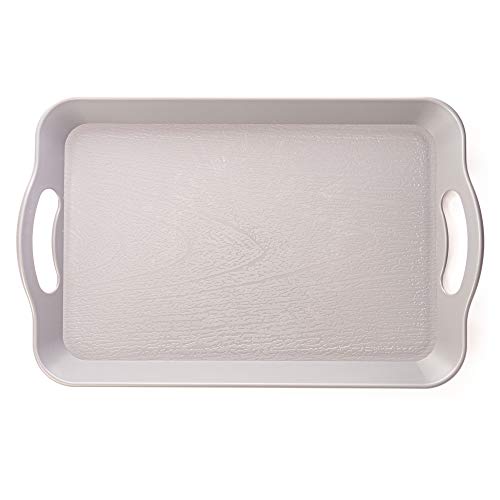 Handled Cafeteria Tray - 14" x 9" Rectangular Wood Grain Textured Plastic Food Serving TV Tray - Great for Restaurant Buffets, Diners, School Lunch, Cafe Commercial Kitchen and More (Grey)