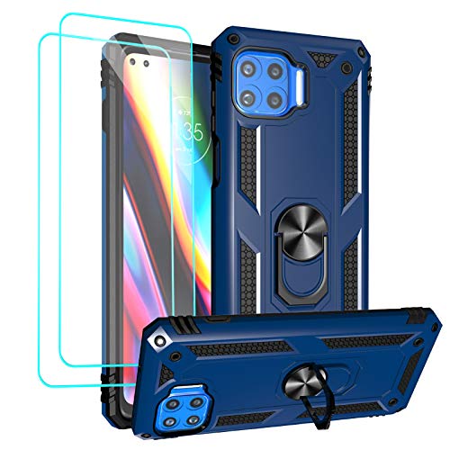 Androgate Compatible with Moto One 5G Case, Motorola One 5G UW Case, with Tempered Glass Screen Protectors, Military-Grade Metal Ring Kickstand 18ft Drop Tested Shockproof Cover Case, Blue