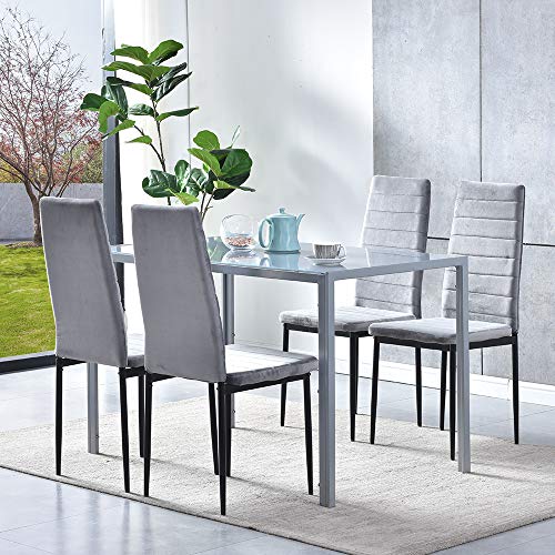 5 Piece Modern Grey Dining Table and Chairs Set of 4 for Small Kitchen, Glass Tempered Rectangular Table and 4 Grey Velvet Chairs for Small Dinette Apartment Space Saving