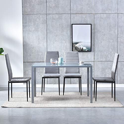 5 Piece Modern Grey Dining Table and Chairs Set of 4 for Small Kitchen, Glass Tempered Rectangular Table and 4 Grey Velvet Chairs for Small Dinette Apartment Space Saving