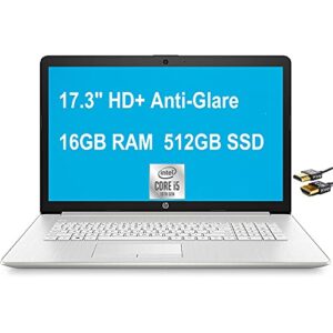 hp flagship 2020 17 laptop computer 17.3" hd+ anti-glare display 10th gen intel quad-core i5-1035g1 (beats i7-8550u) 16gb ddr4 512gb ssd dvd webcam intel uhd graphics win 10 + hdmi cable