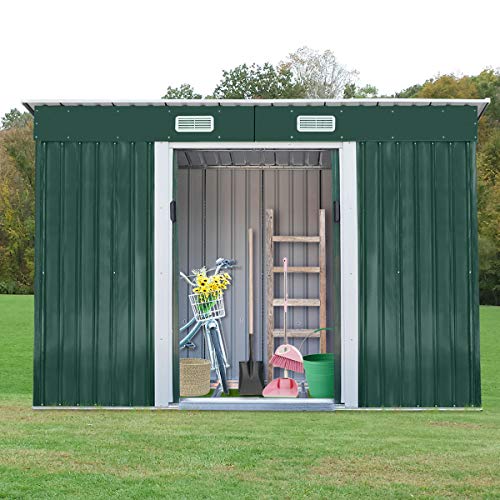 JAXPETY 4.2' x 9.1' Outdoor Storage Shed Garden Utility Tool Storage House Backyard Lawn with Sliding Door, Green