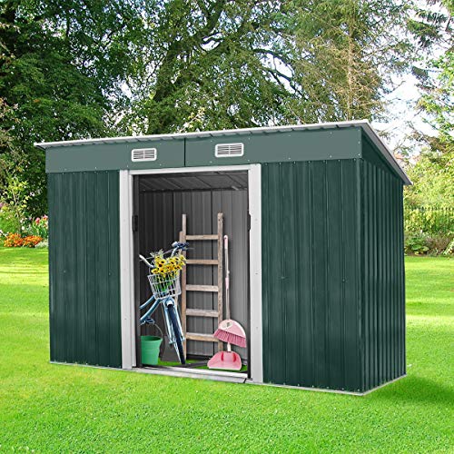 JAXPETY 4.2' x 9.1' Outdoor Storage Shed Garden Utility Tool Storage House Backyard Lawn with Sliding Door, Green