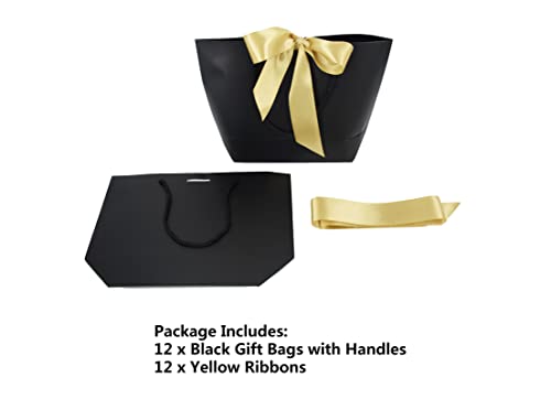 HUAPRINT Gift Bags with Handles,Party Favor Bags with Bow Ribbon,12Pcs Black Paper Bags for Birthday Wedding Bridesmaid Present Celebration Holiday