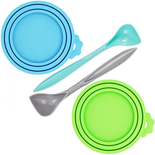 WOHENI Can Lids, Pet Food Can Cover, Universal Silicone Cat Dog Food Can Lids 1 Fit 3 Standard Size Can Tops, Fits Most Standard Size Dog and Cat Can Tops (Green+Blue+Spoons)