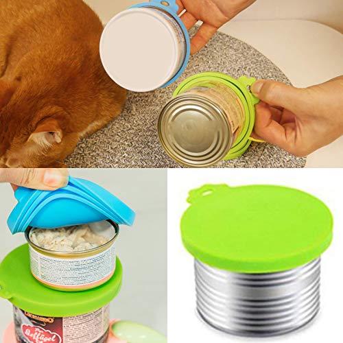 WOHENI Can Lids, Pet Food Can Cover, Universal Silicone Cat Dog Food Can Lids 1 Fit 3 Standard Size Can Tops, Fits Most Standard Size Dog and Cat Can Tops (Green+Blue+Spoons)