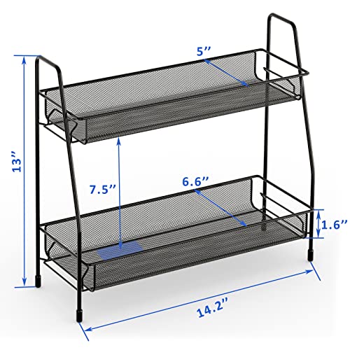 EKNITEY Spice Rack Organizer for Countertop, 2 Tier Bathroom Shelf, Desktop Makeup Organizer, Small Storage Rack for Kitchen, Bath Room, Bedroom and Office (Black)