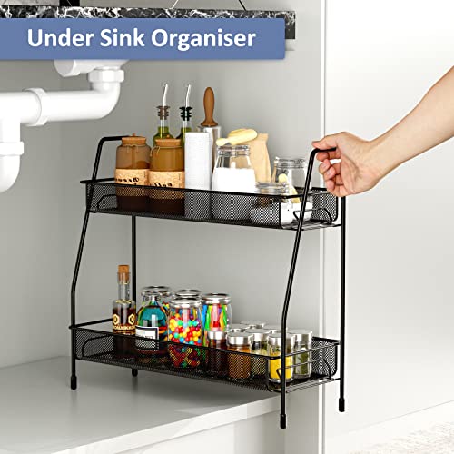 EKNITEY Spice Rack Organizer for Countertop, 2 Tier Bathroom Shelf, Desktop Makeup Organizer, Small Storage Rack for Kitchen, Bath Room, Bedroom and Office (Black)