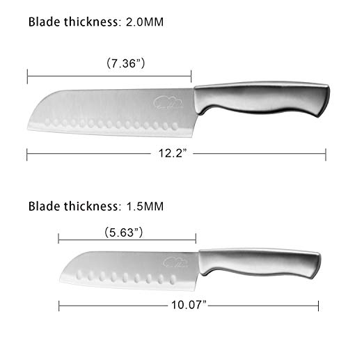 Esie Houzie Santoku Knife Set, 2 Pieces Ultra Sharp Kitchen Chef Knife 5.5-Inch 7-Inch Hollow Edge Santoku Knife, Professional Japanese Chef Knife Set for Home Kitchen, Black/Carbon Steel