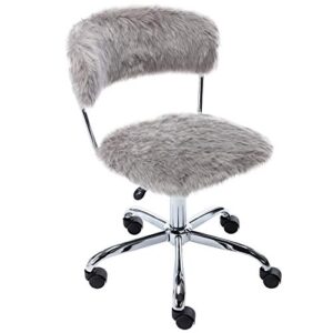 grey comfy home office chair, modern cute fluffy armless task chair with wheels, faux fur upholstery