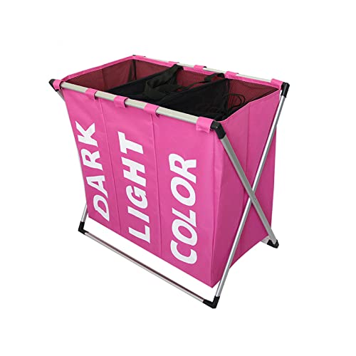 Large Collapsible Laundry Hamper Sorter with 3 Sections, Waterproof Laundry Basket with Aluminum X-Frame & Mesh Bundle Pocket for Bathroom Bedroom Home Storage (Pink)