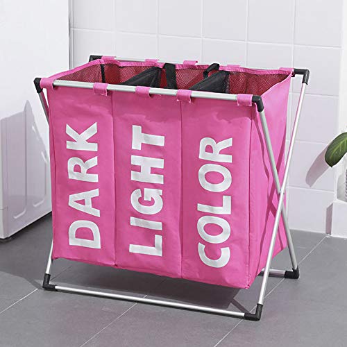 Large Collapsible Laundry Hamper Sorter with 3 Sections, Waterproof Laundry Basket with Aluminum X-Frame & Mesh Bundle Pocket for Bathroom Bedroom Home Storage (Pink)