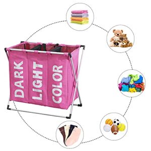 Large Collapsible Laundry Hamper Sorter with 3 Sections, Waterproof Laundry Basket with Aluminum X-Frame & Mesh Bundle Pocket for Bathroom Bedroom Home Storage (Pink)