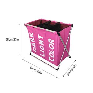 Large Collapsible Laundry Hamper Sorter with 3 Sections, Waterproof Laundry Basket with Aluminum X-Frame & Mesh Bundle Pocket for Bathroom Bedroom Home Storage (Pink)