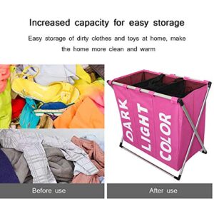 Large Collapsible Laundry Hamper Sorter with 3 Sections, Waterproof Laundry Basket with Aluminum X-Frame & Mesh Bundle Pocket for Bathroom Bedroom Home Storage (Pink)