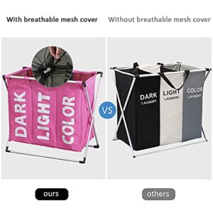 Large Collapsible Laundry Hamper Sorter with 3 Sections, Waterproof Laundry Basket with Aluminum X-Frame & Mesh Bundle Pocket for Bathroom Bedroom Home Storage (Pink)