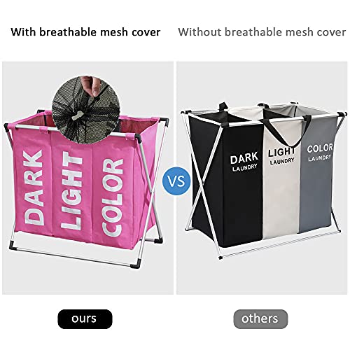 Large Collapsible Laundry Hamper Sorter with 3 Sections, Waterproof Laundry Basket with Aluminum X-Frame & Mesh Bundle Pocket for Bathroom Bedroom Home Storage (Pink)