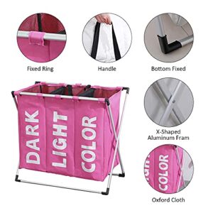 Large Collapsible Laundry Hamper Sorter with 3 Sections, Waterproof Laundry Basket with Aluminum X-Frame & Mesh Bundle Pocket for Bathroom Bedroom Home Storage (Pink)