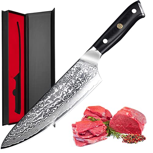 SanCook Damascus Chef Knife Kitchen Knife 8 Inch, Professional Damascus Steel Knife Japanese VG10 Super Stainless Steel Blade with G10 Handle, Chef Gifts for Halloween,Christmas