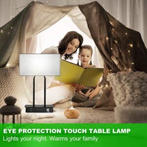 Bedside Touch Control Table Lamp with Dual USB Charging Ports 1 AC Outlet, 3 Way Dimmable Modern Nightstand Lamp with Grey Fabric Shade, Desk Lamp for Bedroom Living Room Office with 5000K LED Bulb