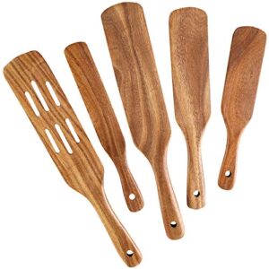 5 pcs wooden spurtles set for cooking, nayahose natural teak wood slotted spurtles for stirring, mixing, serving, non-stick heat-resistant kitchen utensils tools