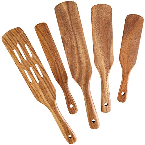 5 Pcs Wooden Spurtles Set for Cooking, NAYAHOSE Natural Teak Wood Slotted Spurtles for Stirring, Mixing, Serving, Non-Stick Heat-Resistant Kitchen Utensils Tools