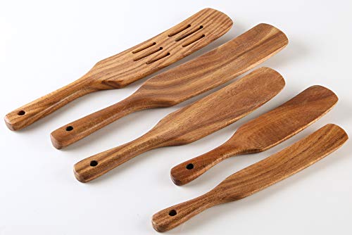 5 Pcs Wooden Spurtles Set for Cooking, NAYAHOSE Natural Teak Wood Slotted Spurtles for Stirring, Mixing, Serving, Non-Stick Heat-Resistant Kitchen Utensils Tools