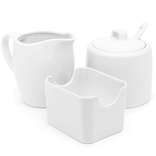 Kook Sugar and Creamer Set, 3 Piece, Pitcher, Sugar Bowl with Lid and Spoon, Sweetener Holder, White