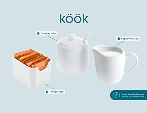 Kook Sugar and Creamer Set, 3 Piece, Pitcher, Sugar Bowl with Lid and Spoon, Sweetener Holder, White