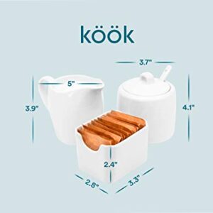 Kook Sugar and Creamer Set, 3 Piece, Pitcher, Sugar Bowl with Lid and Spoon, Sweetener Holder, White