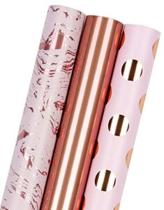 maypluss wrapping paper roll - mini roll - 17 inch x 120 inch per roll - 3 different metallic rose gold design - dots, marble (42.3 sq.ft.ttl)