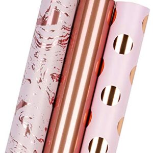 MAYPLUSS Wrapping Paper Roll - Mini Roll - 17 inch X 120 inch Per roll - 3 Different Metallic Rose Gold Design - Dots, Marble (42.3 sq.ft.ttl)