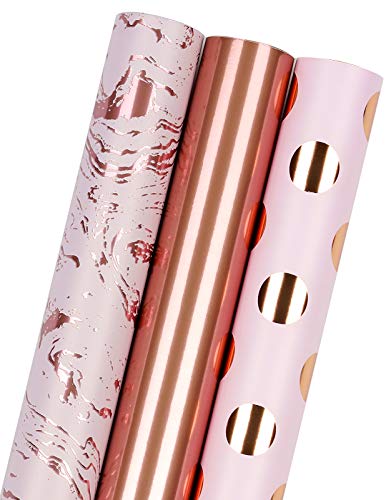 MAYPLUSS Wrapping Paper Roll - Mini Roll - 17 inch X 120 inch Per roll - 3 Different Metallic Rose Gold Design - Dots, Marble (42.3 sq.ft.ttl)