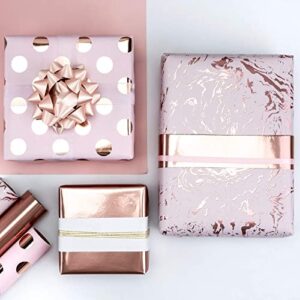 MAYPLUSS Wrapping Paper Roll - Mini Roll - 17 inch X 120 inch Per roll - 3 Different Metallic Rose Gold Design - Dots, Marble (42.3 sq.ft.ttl)